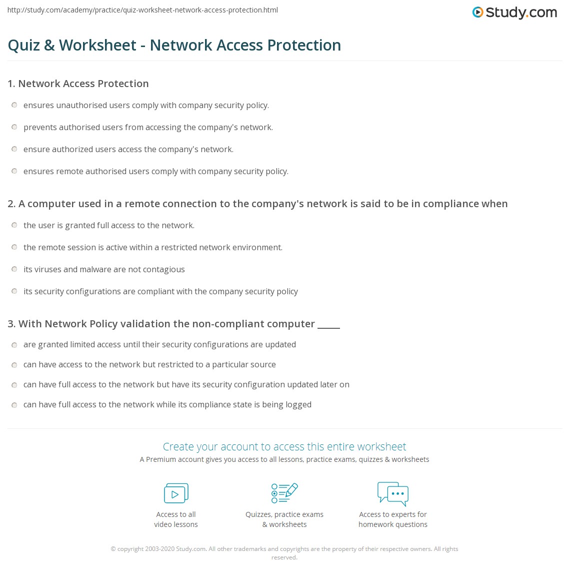 Quiz & Worksheet - Network Access Protection | Study.com