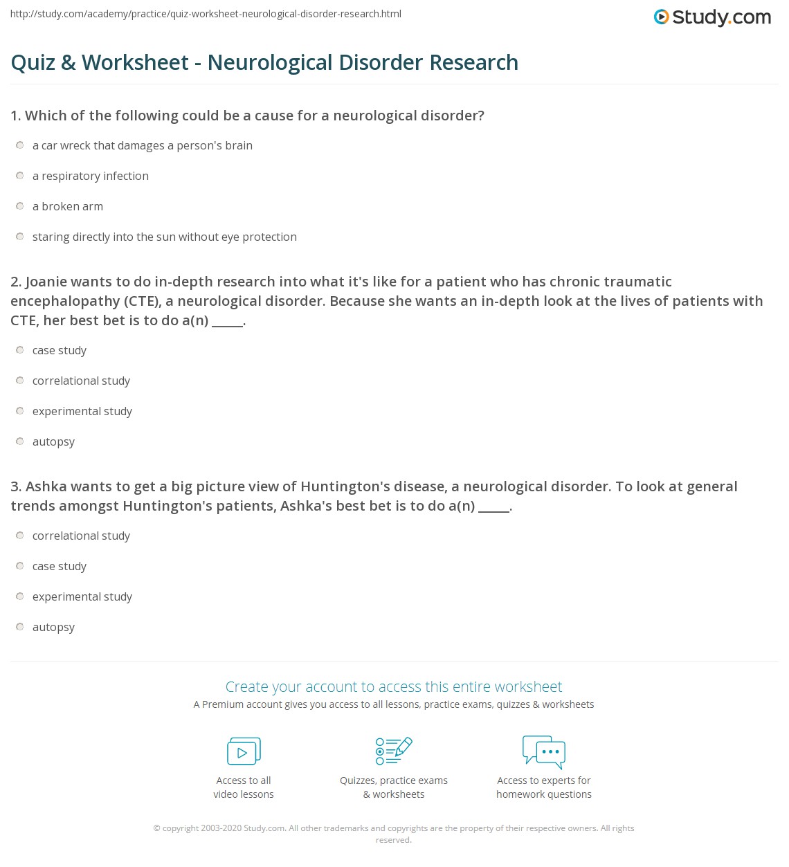 Quiz & Worksheet - Neurological Disorder Research | Study.com