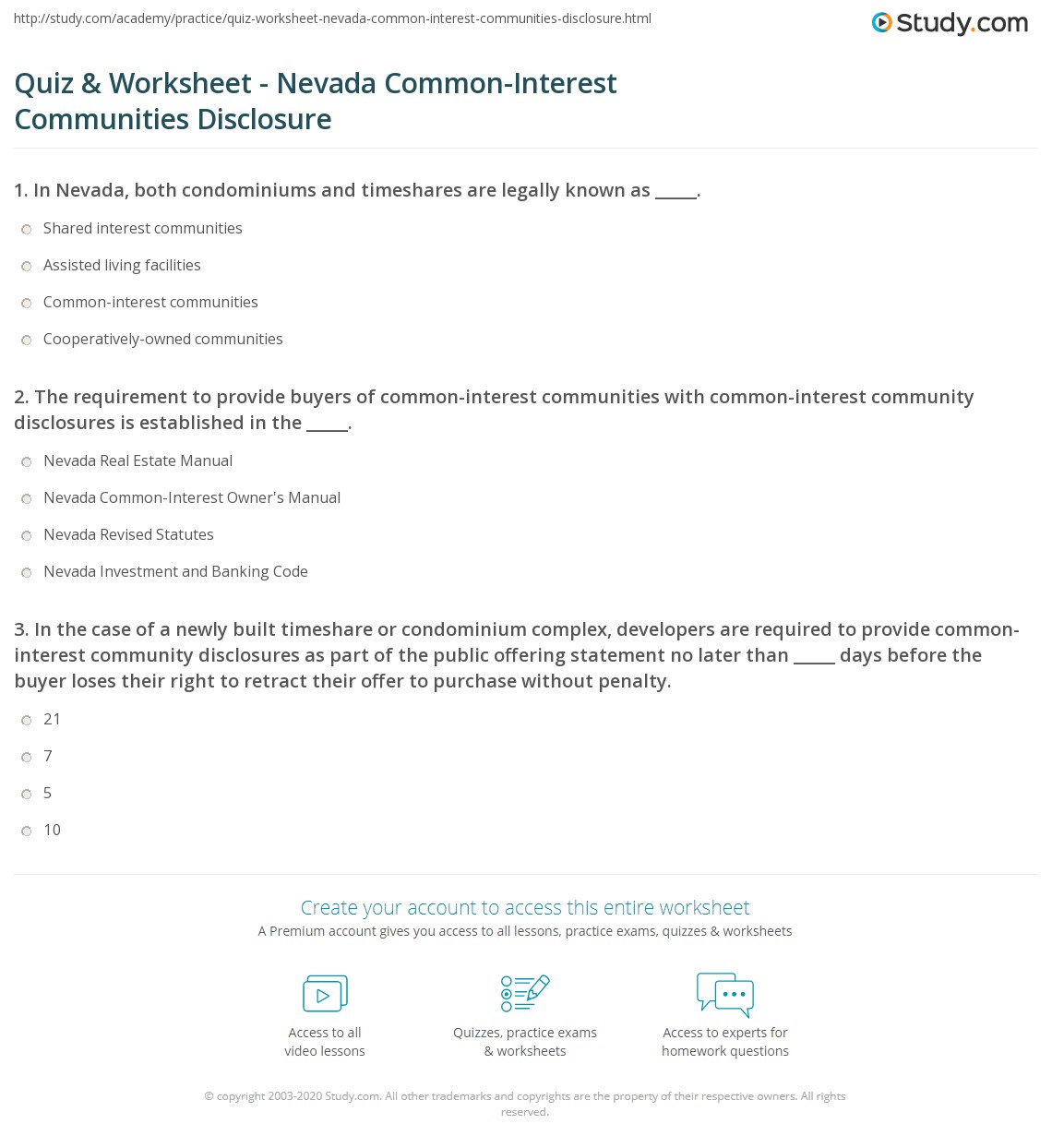 Quiz & Worksheet - Nevada Common-Interest Communities Disclosure ...