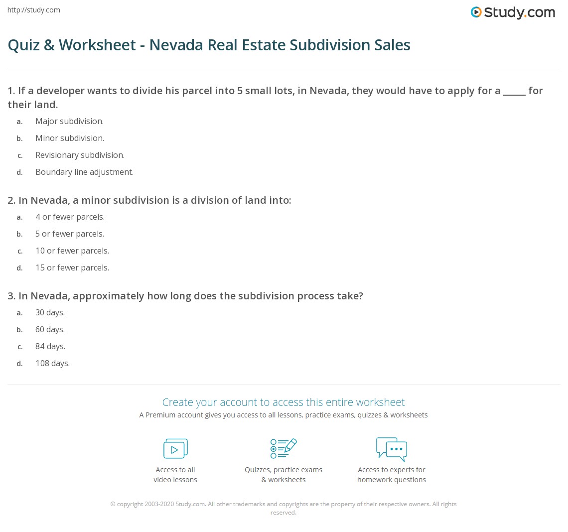 Quiz & Worksheet - Nevada Real Estate Subdivision Sales | Study.com