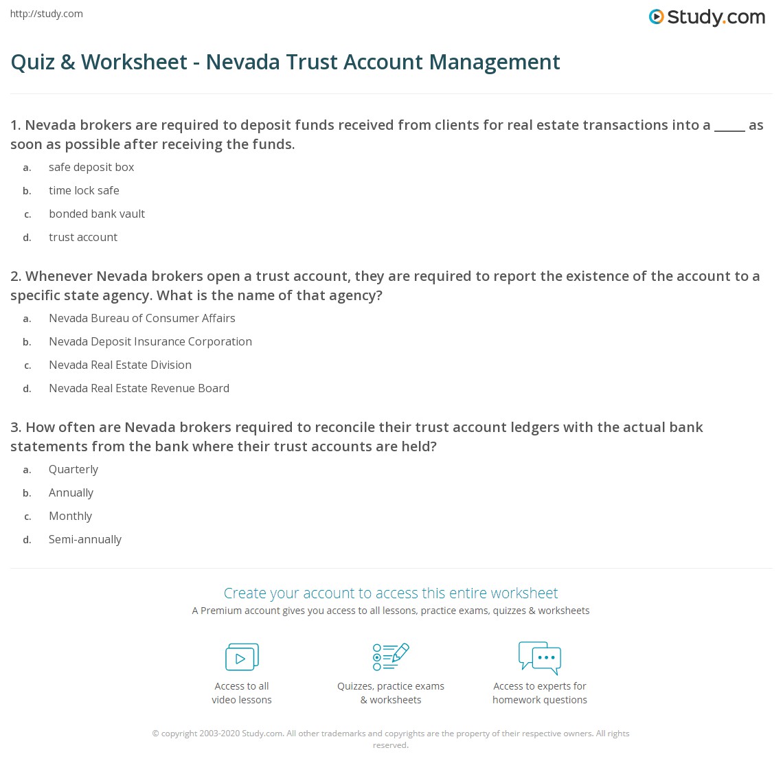 Quiz & Worksheet - Nevada Trust Account Management | Study.com