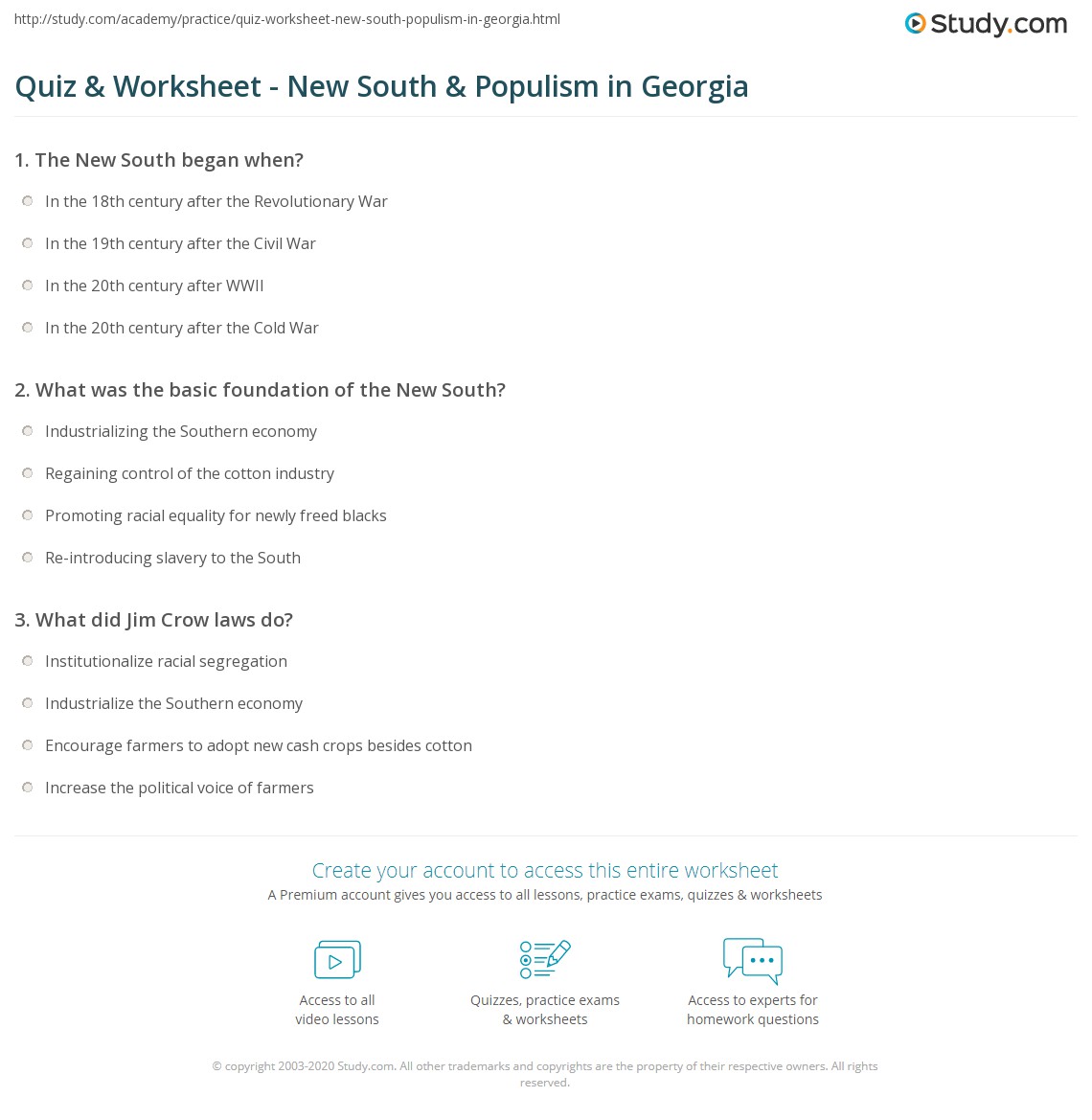 Quiz & Worksheet - New South & Populism in Georgia | Study.com
