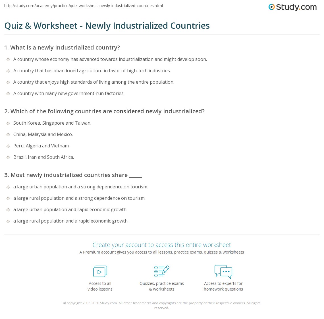 Quiz & Worksheet - Newly Industrialized Countries | Study.com
