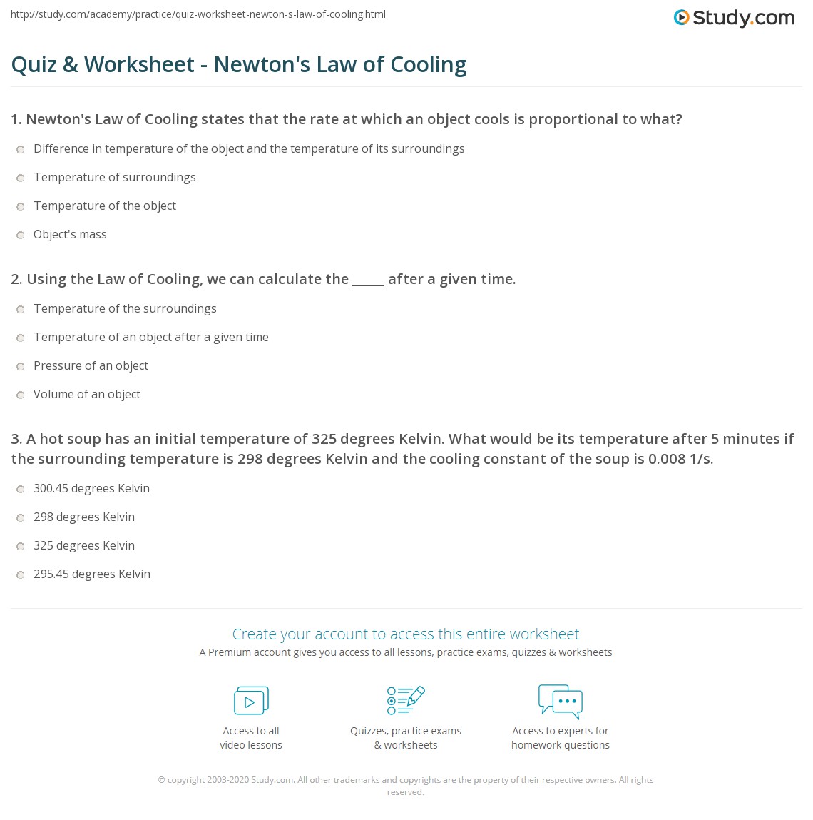 Quiz & Worksheet - Newton's Law of Cooling | Study.com
