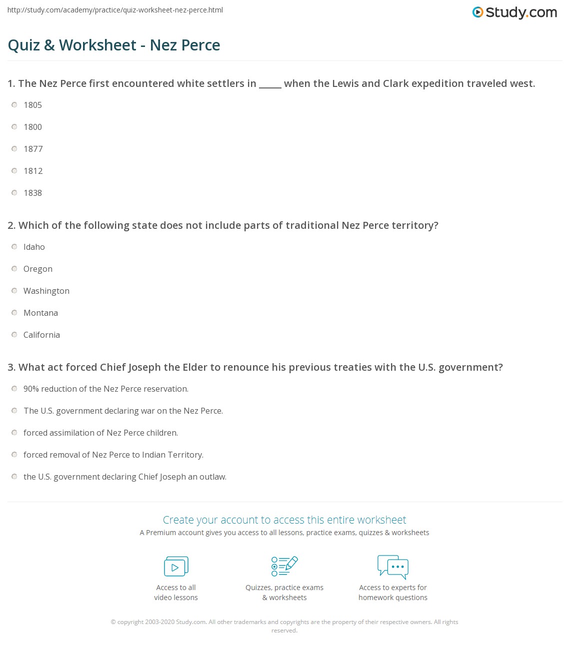 Quiz & Worksheet - Nez Perce | Study.com