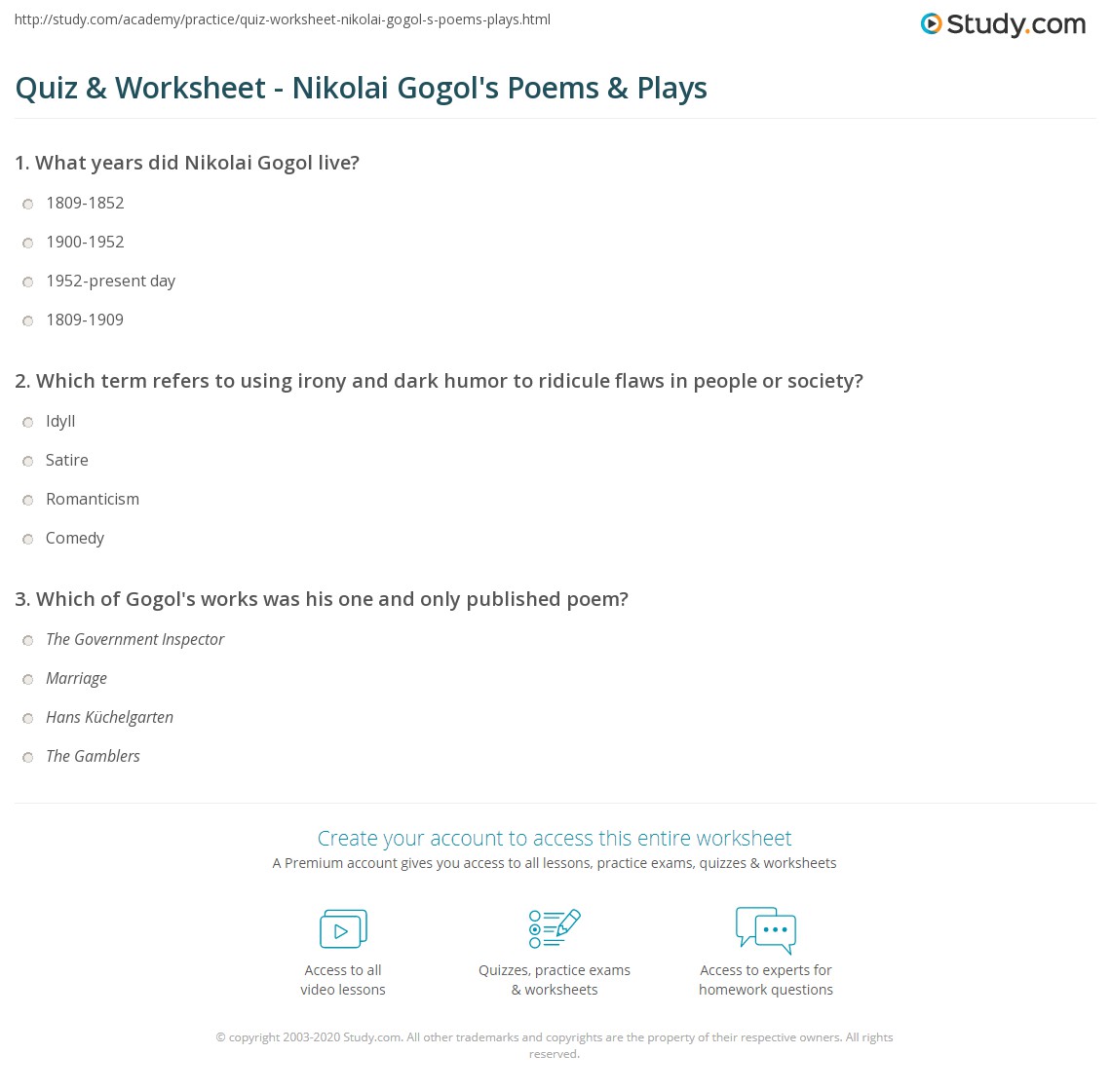 Quiz & Worksheet - Nikolai Gogol's Poems & Plays | Study.com