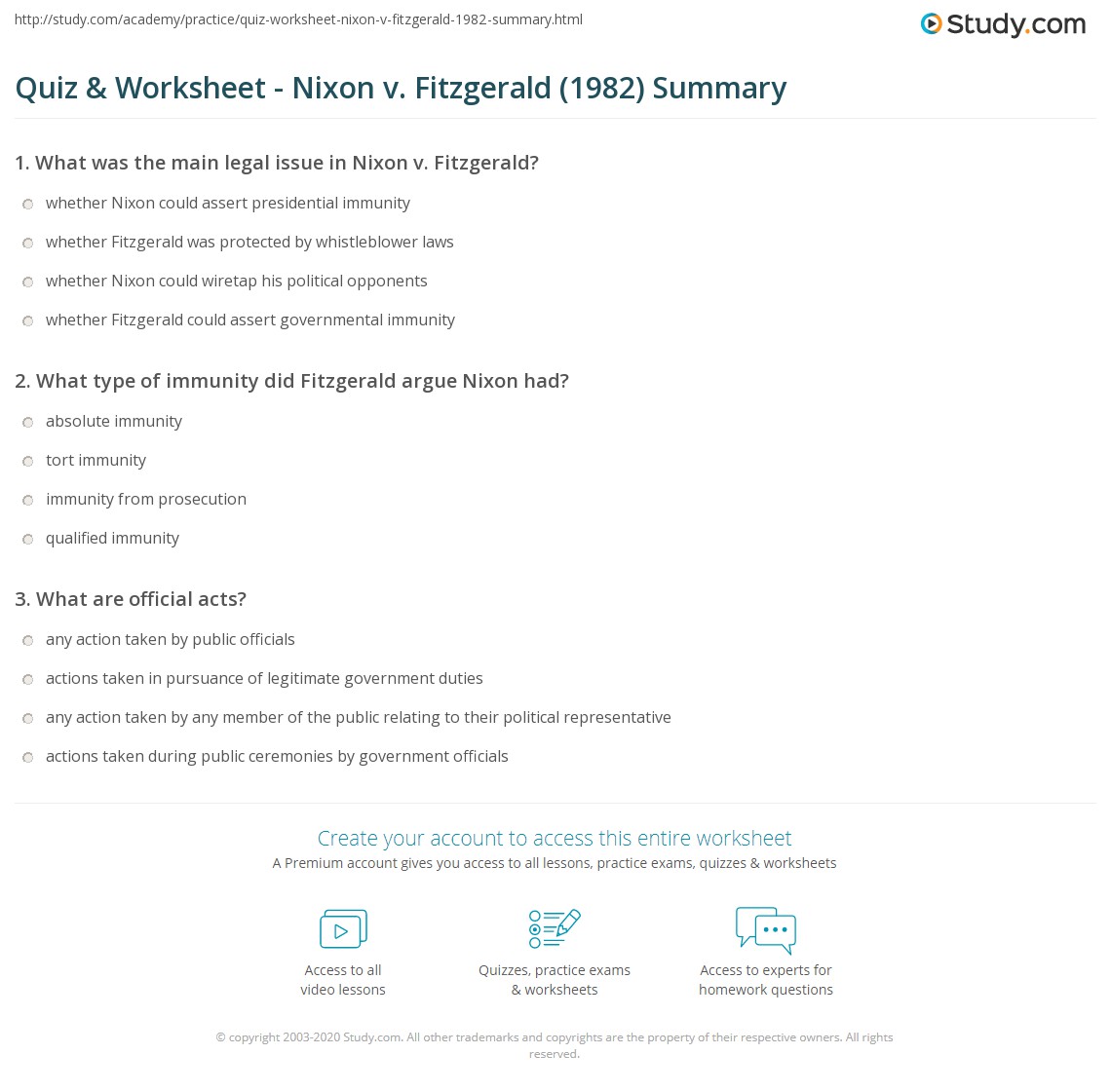Quiz & Worksheet - Nixon v. Fitzgerald (1982) Summary | Study.com