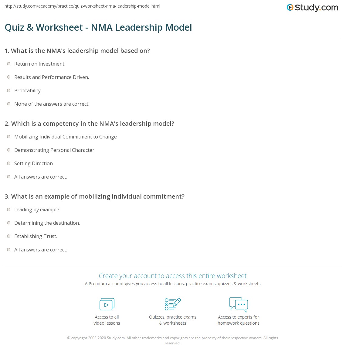 Quiz & Worksheet - NMA Leadership Model | Study.com