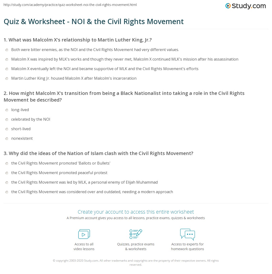 Quiz & Worksheet - NOI & the Civil Rights Movement | Study.com