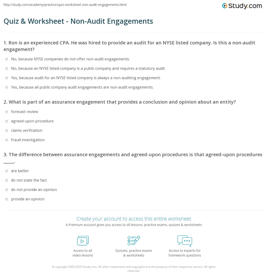Quiz & Worksheet - Non-Audit Engagements | Study.com