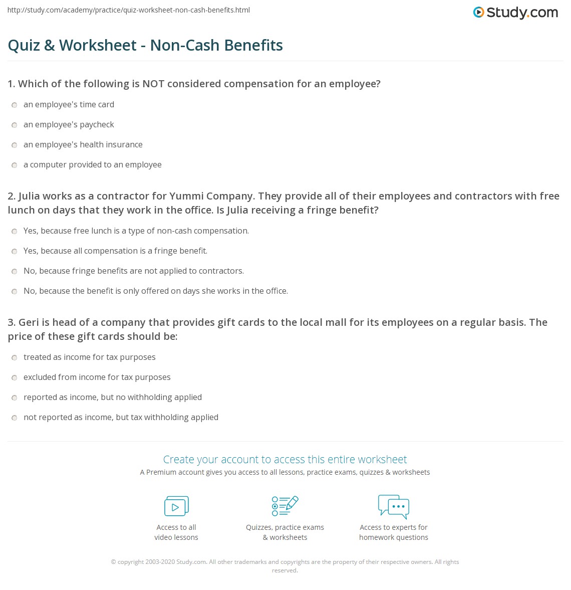 Quiz & Worksheet - Non-Cash Benefits | Study.com