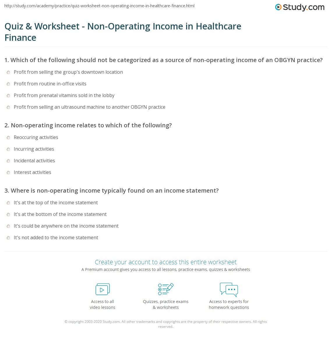 Quiz & Worksheet - Non-Operating Income in Healthcare Finance | Study.com