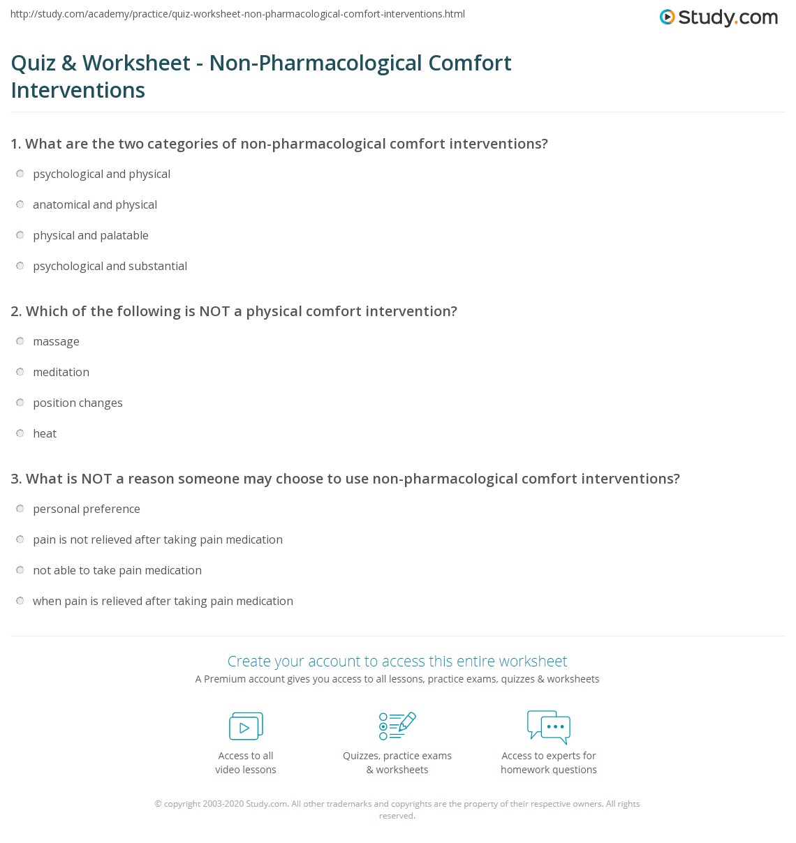 Quiz & Worksheet - Non-Pharmacological Comfort Interventions | Study.com