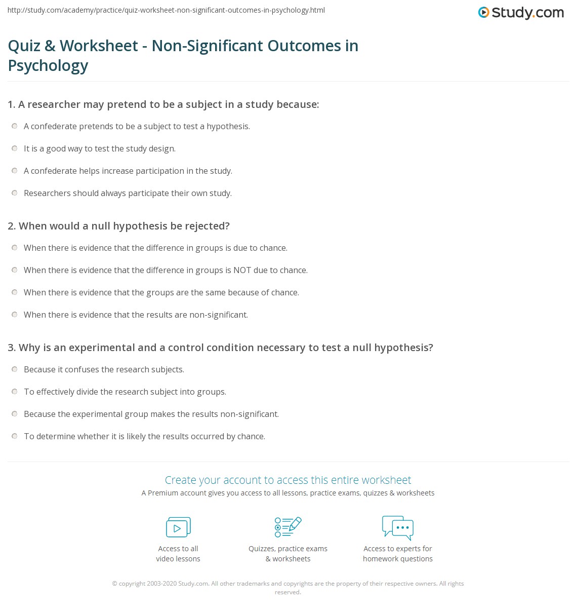Quiz & Worksheet - Non-Significant Outcomes in Psychology | Study.com