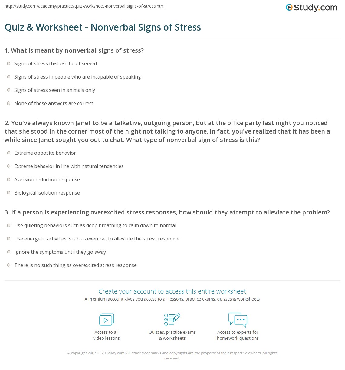 Quiz & Worksheet - Nonverbal Signs of Stress | Study.com
