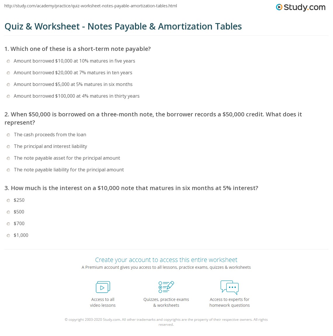 Quiz & Worksheet - Notes Payable & Amortization Tables | Study.com