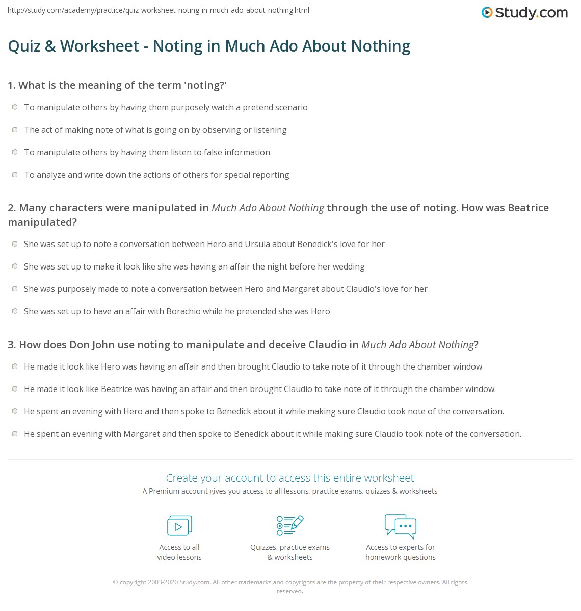 Quiz & Worksheet - Noting in Much Ado About Nothing | Study.com