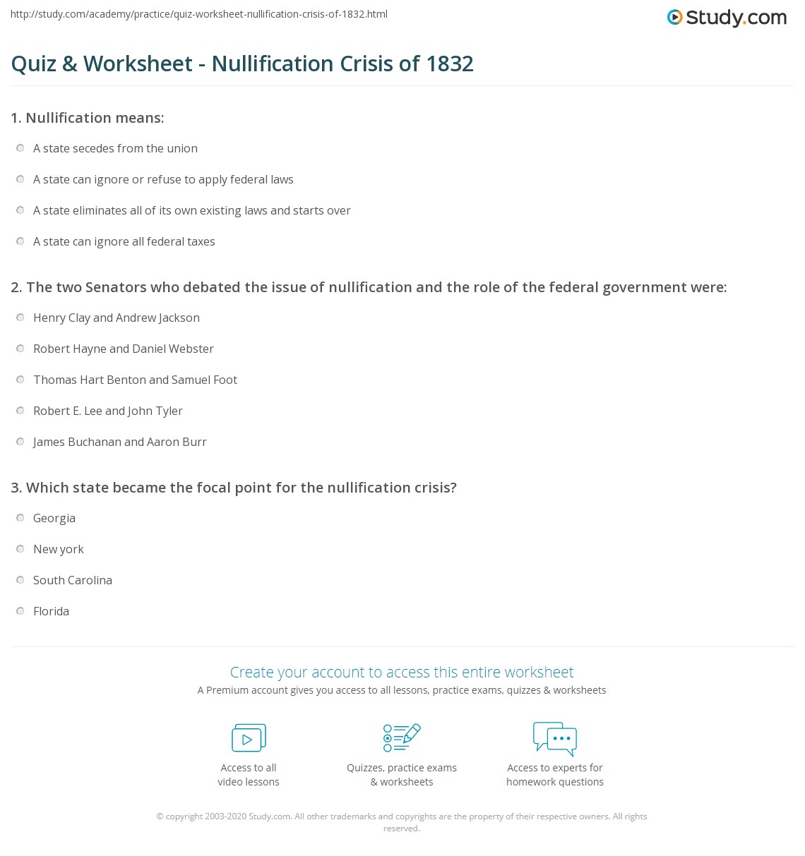 Quiz & Worksheet - Nullification Crisis of 1832 | Study.com