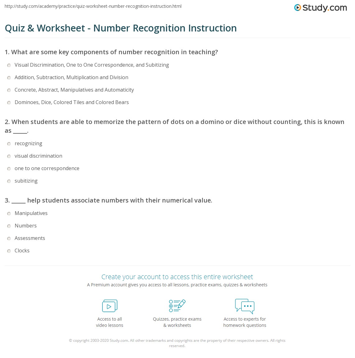 Quiz & Worksheet - Number Recognition Instruction | Study.com
