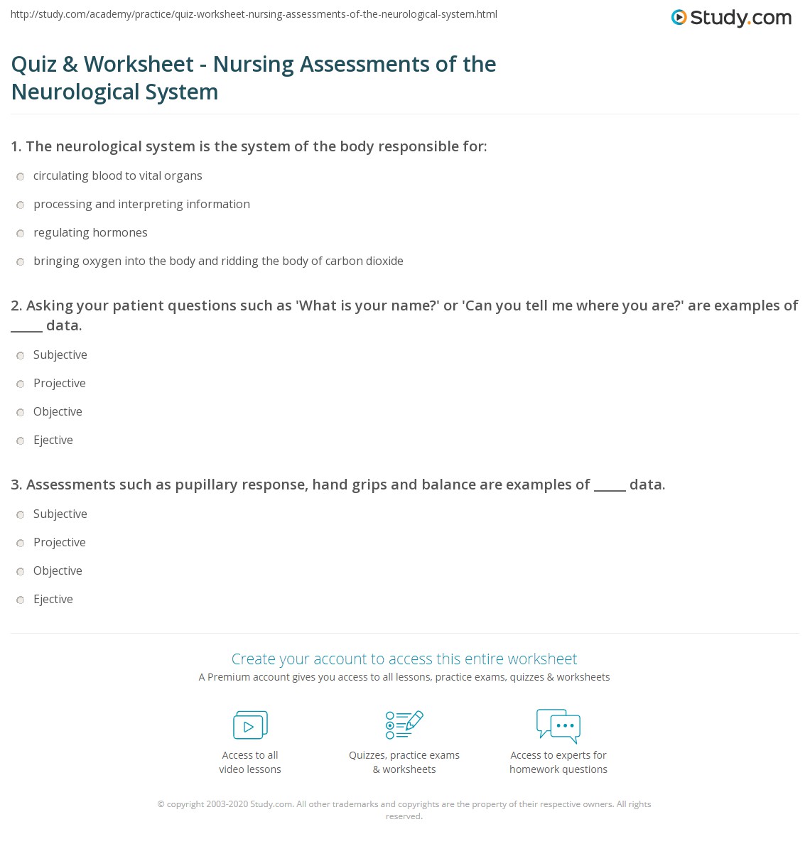 Quiz & Worksheet - Nursing Assessments of the Neurological System ...