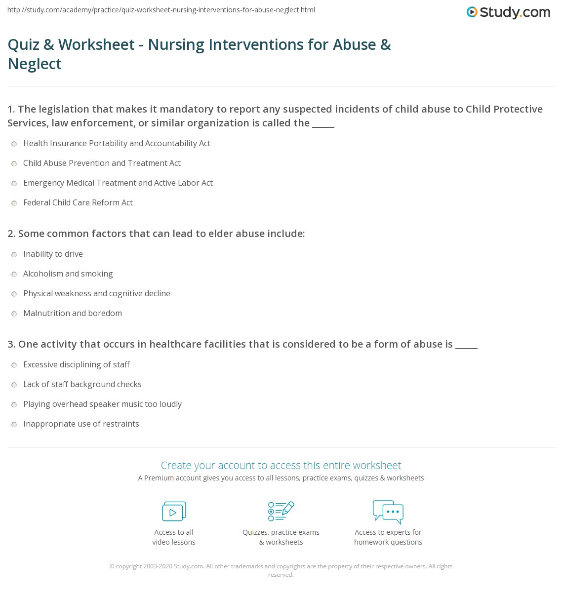 Quiz & Worksheet - Nursing Interventions for Abuse & Neglect | Study.com