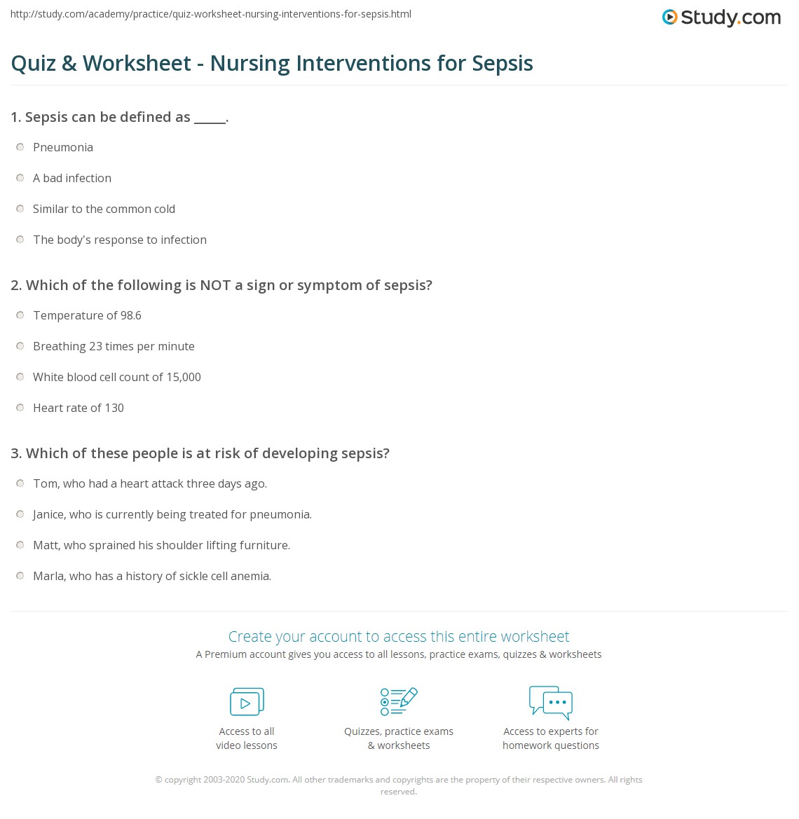Quiz & Worksheet - Nursing Interventions for Sepsis | Study.com
