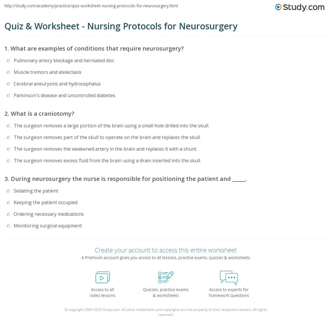 Quiz & Worksheet - Nursing Protocols for Neurosurgery | Study.com