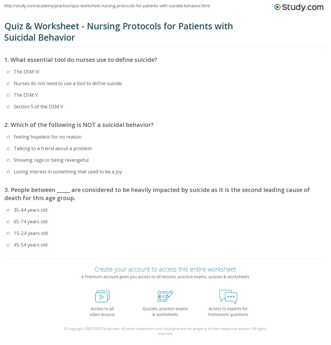 Quiz & Worksheet - Nursing Protocols for Patients with Suicidal ...