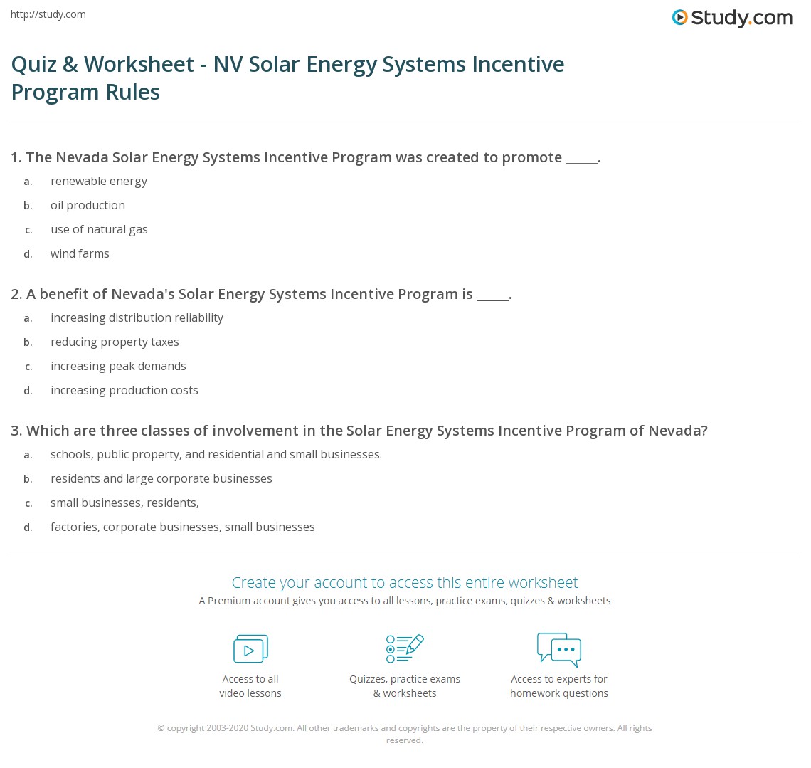 Quiz & Worksheet - NV Solar Energy Systems Incentive Program Rules ...