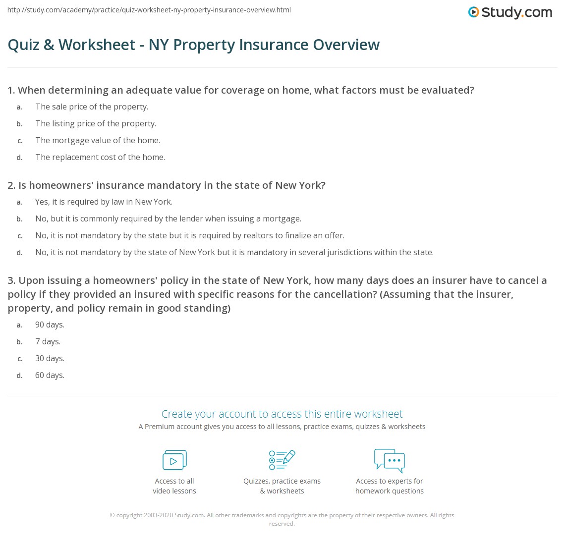 Quiz & Worksheet - NY Property Insurance Overview | Study.com