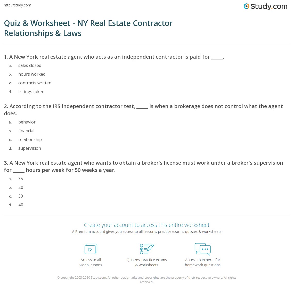 Quiz & Worksheet - NY Real Estate Contractor Relationships & Laws ...