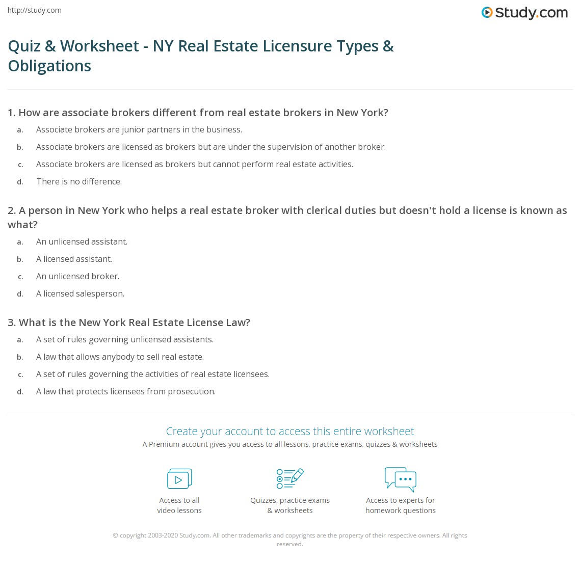 Quiz & Worksheet - NY Real Estate Licensure Types & Obligations | Study.com