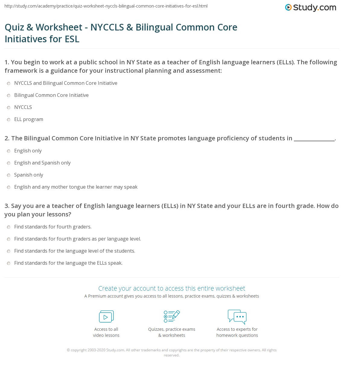 Quiz & Worksheet - NYCCLS & Bilingual Common Core Initiatives for ESL ...
