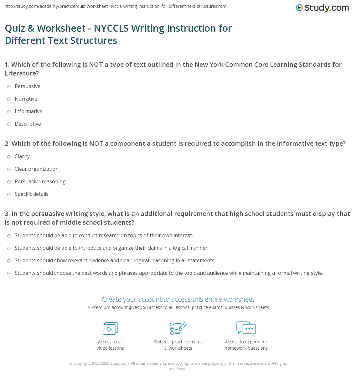 Quiz & Worksheet - NYCCLS Writing Instruction for Different Text ...