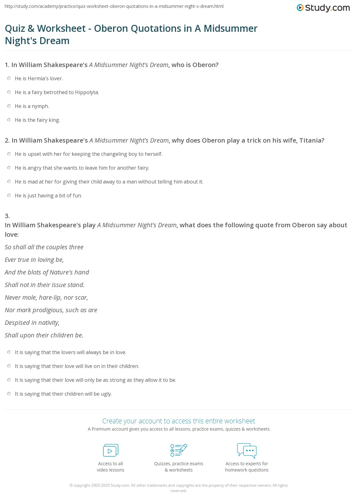 Quiz & Worksheet - Oberon Quotations in A Midsummer Night's Dream ...