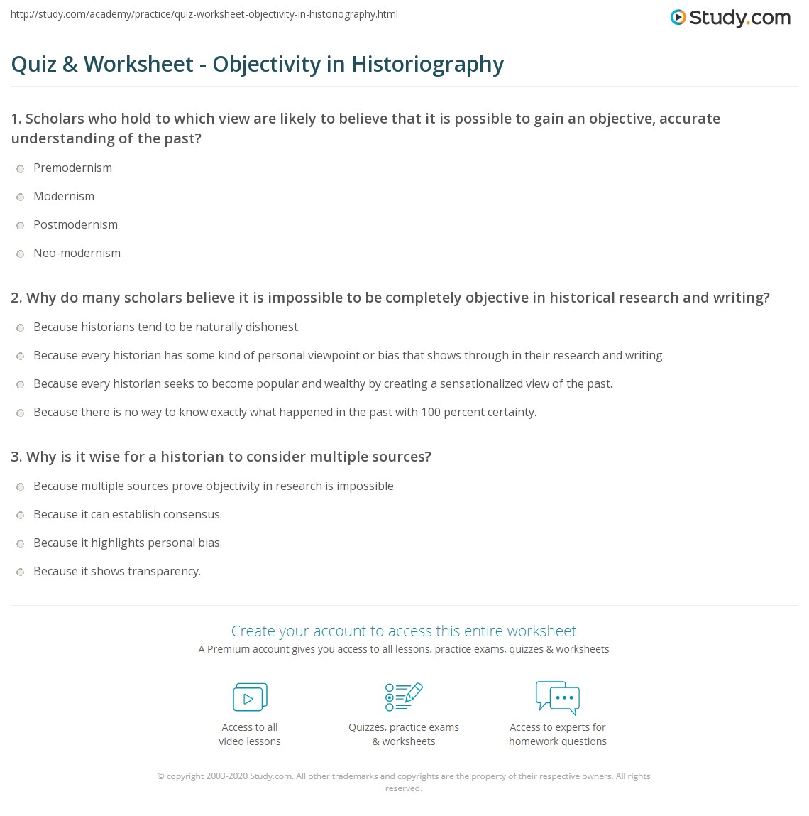 Quiz & Worksheet - Objectivity in Historiography | Study.com