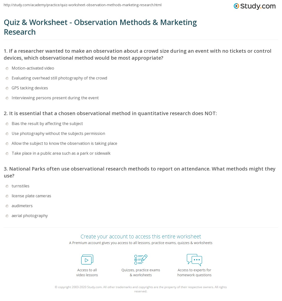 Quiz & Worksheet - Observation Methods & Marketing Research | Study.com