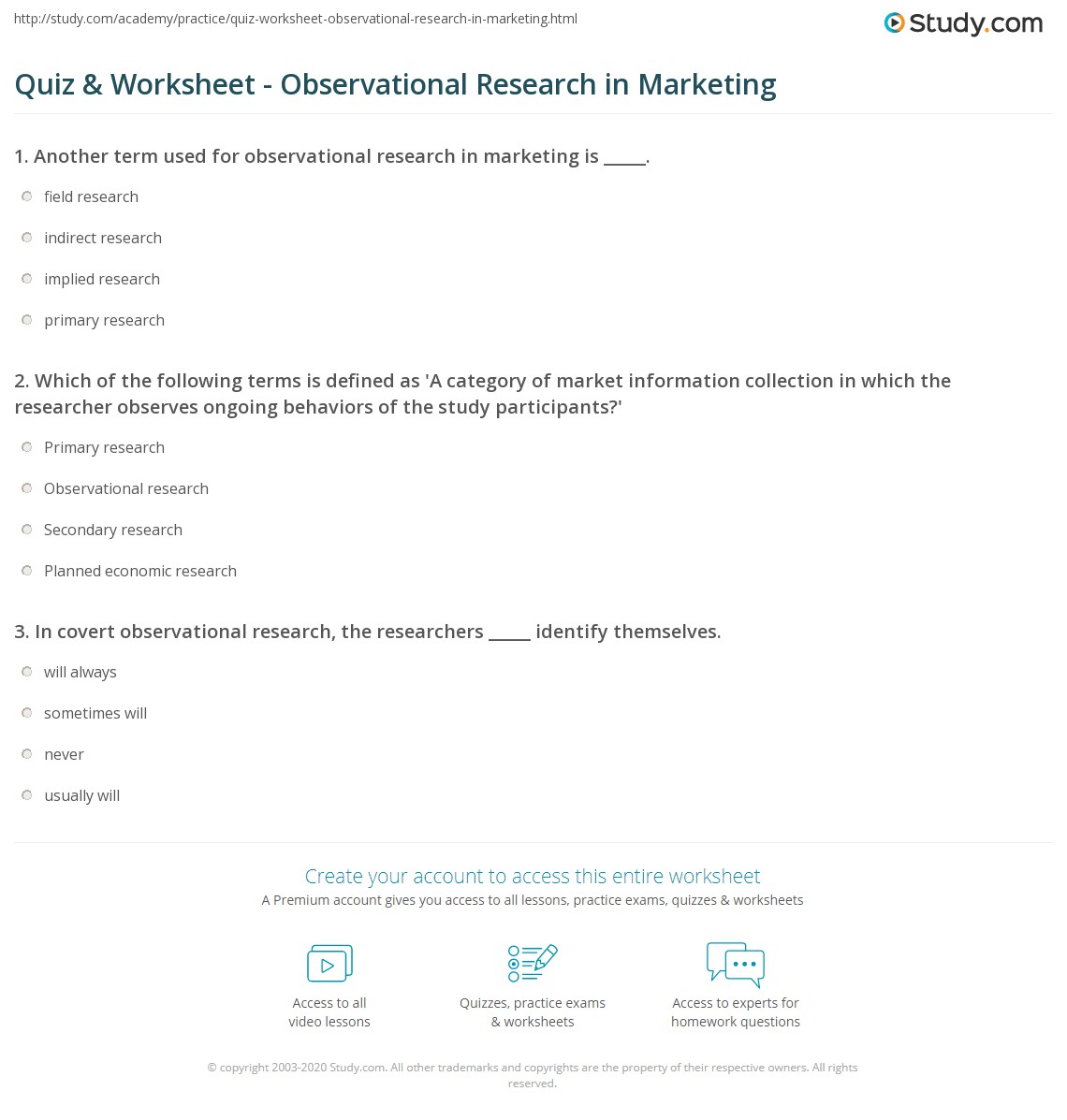 Quiz & Worksheet - Observational Research in Marketing | Study.com