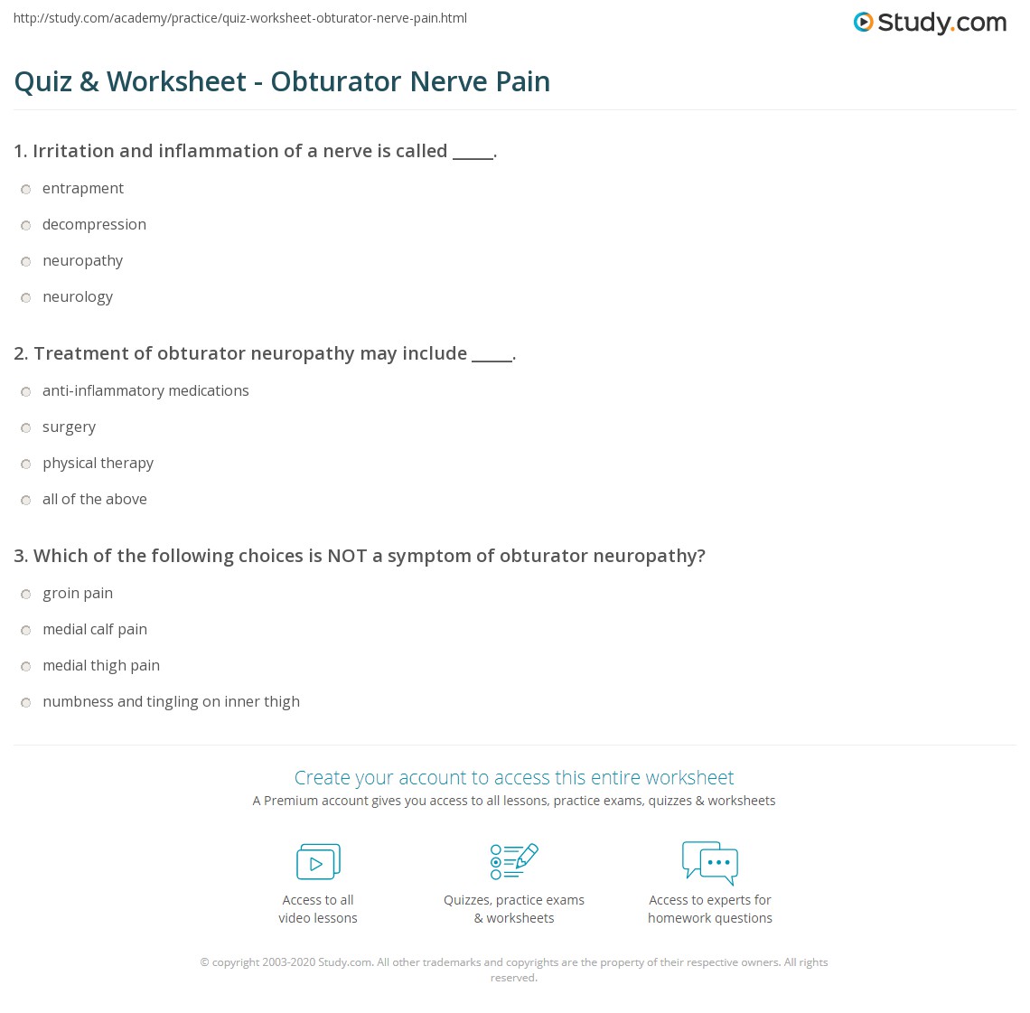 Quiz & Worksheet - Obturator Nerve Pain | Study.com