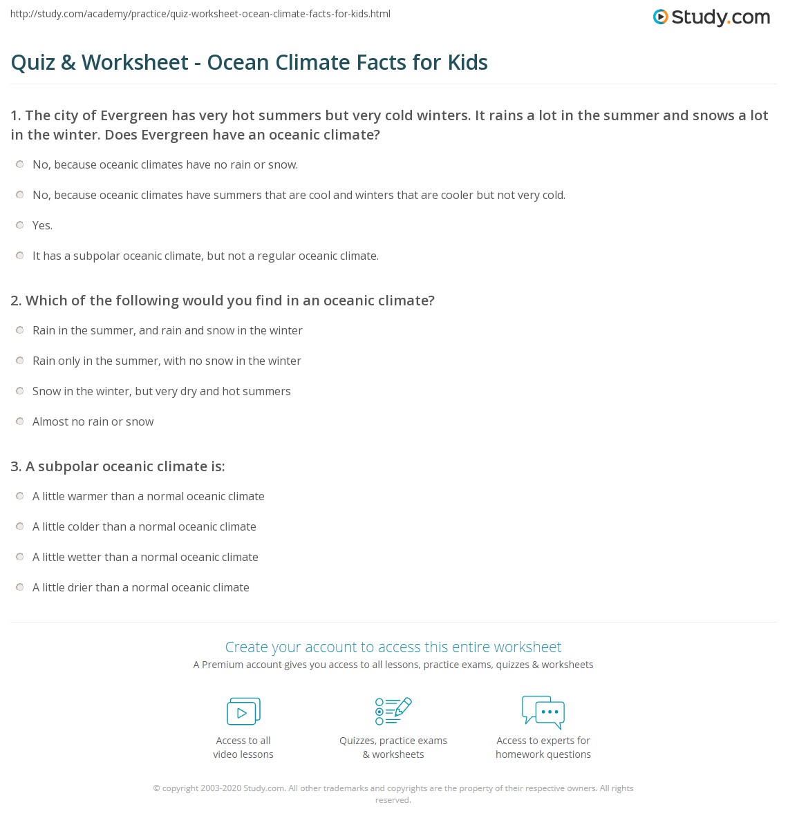 Quiz & Worksheet - Ocean Climate Facts for Kids | Study.com