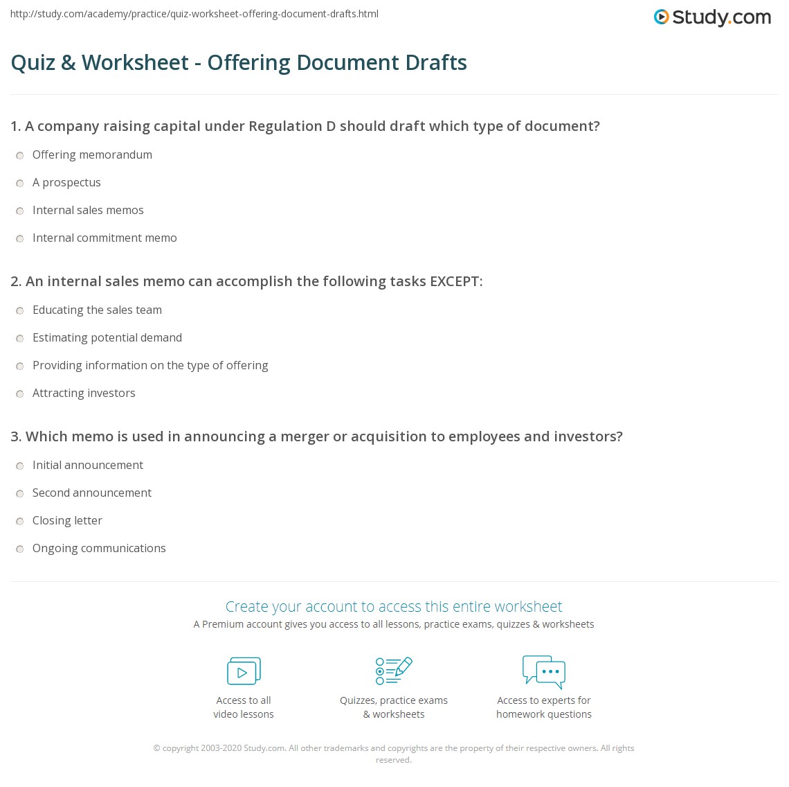 Quiz & Worksheet - Offering Document Drafts | Study.com