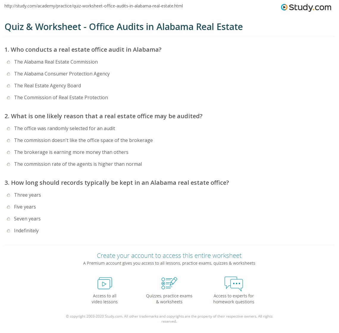 Quiz & Worksheet - Office Audits in Alabama Real Estate | Study.com
