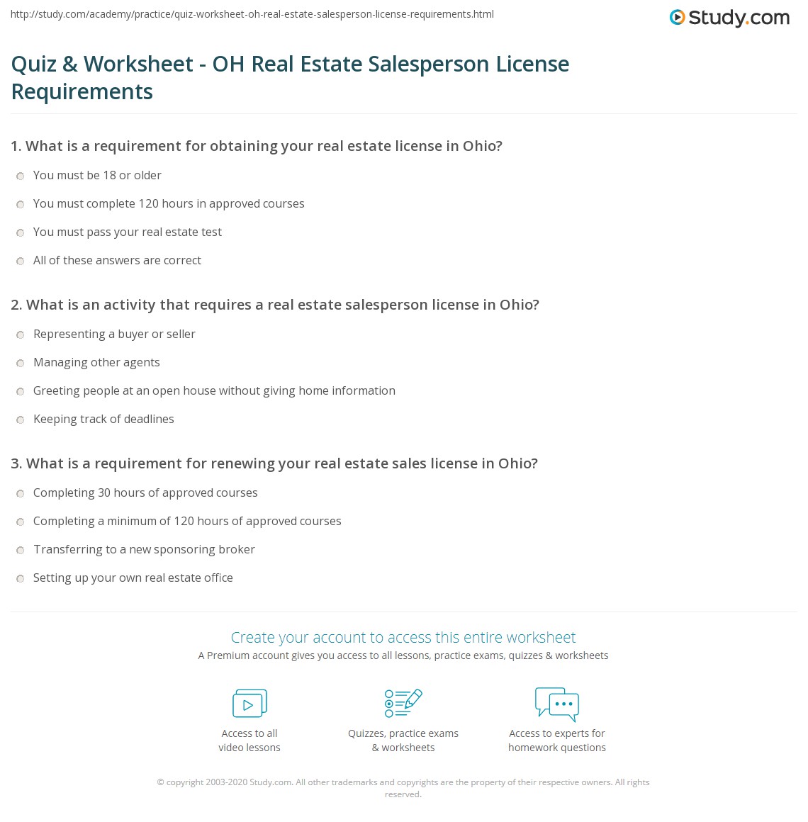 Quiz & Worksheet - OH Real Estate Salesperson License Requirements ...