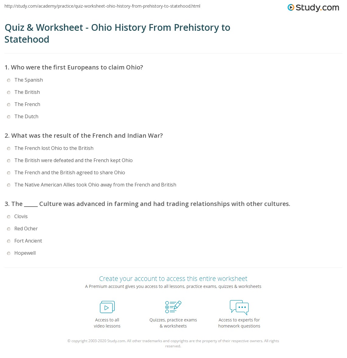 Quiz & Worksheet - Ohio History From Prehistory to Statehood | Study.com
