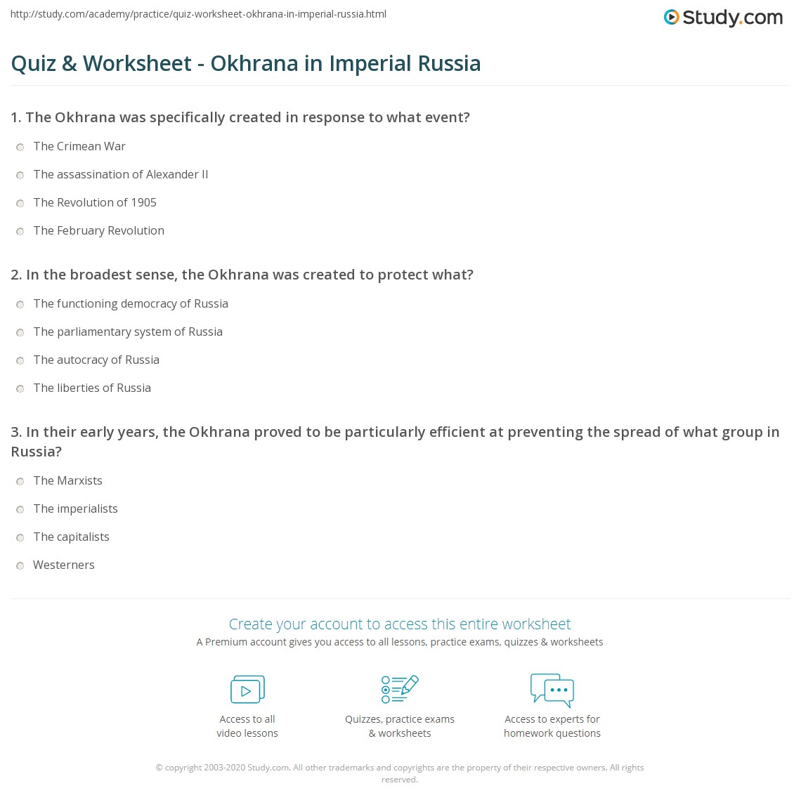 Quiz & Worksheet - Okhrana in Imperial Russia | Study.com
