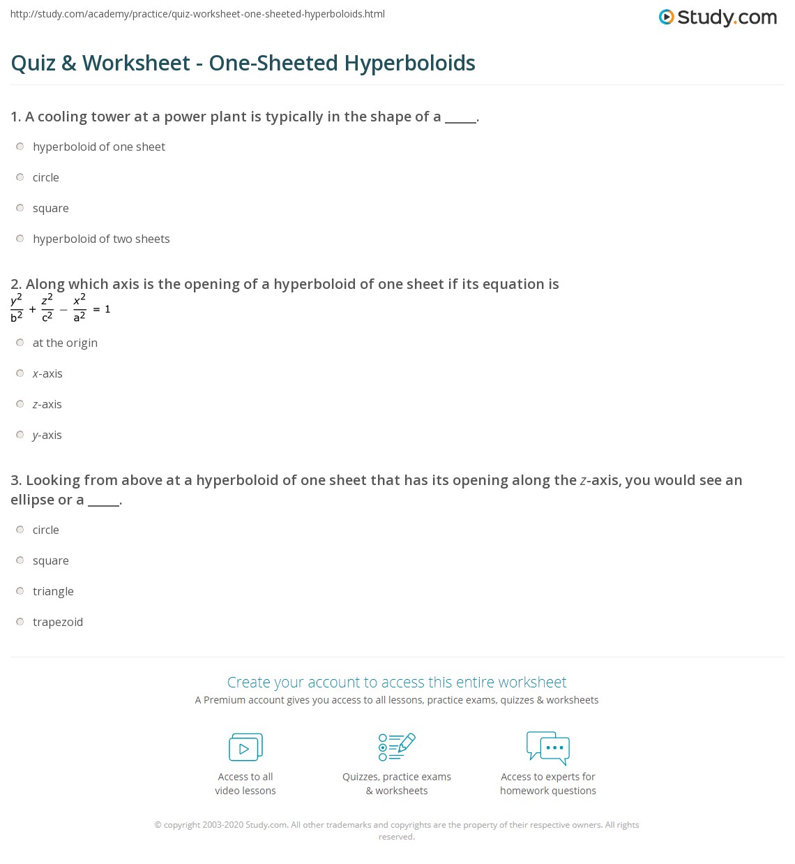 Quiz & Worksheet - One-Sheeted Hyperboloids | Study.com