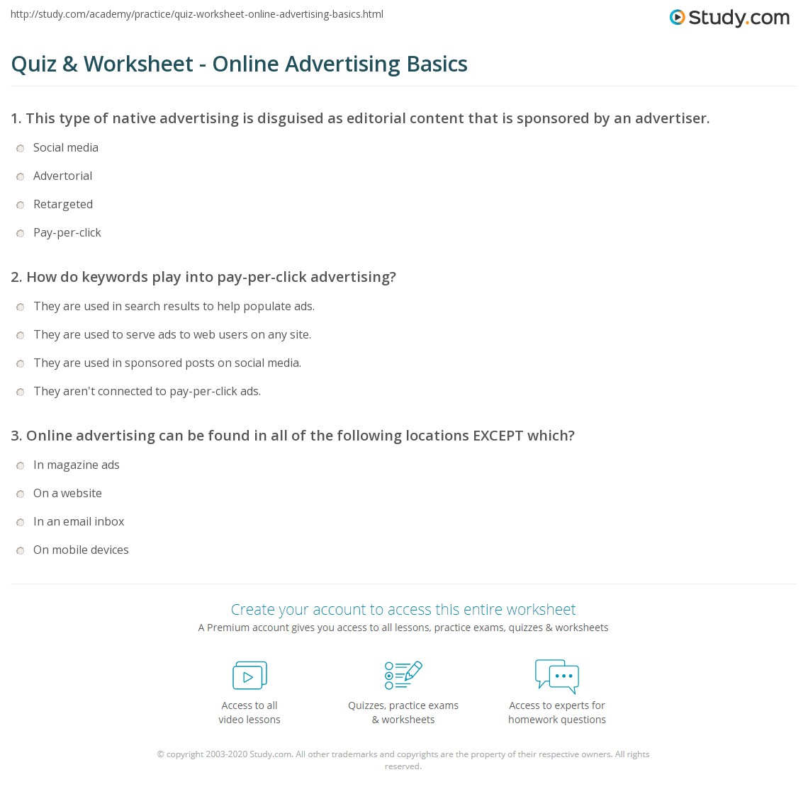 Quiz & Worksheet - Online Advertising Basics | Study.com