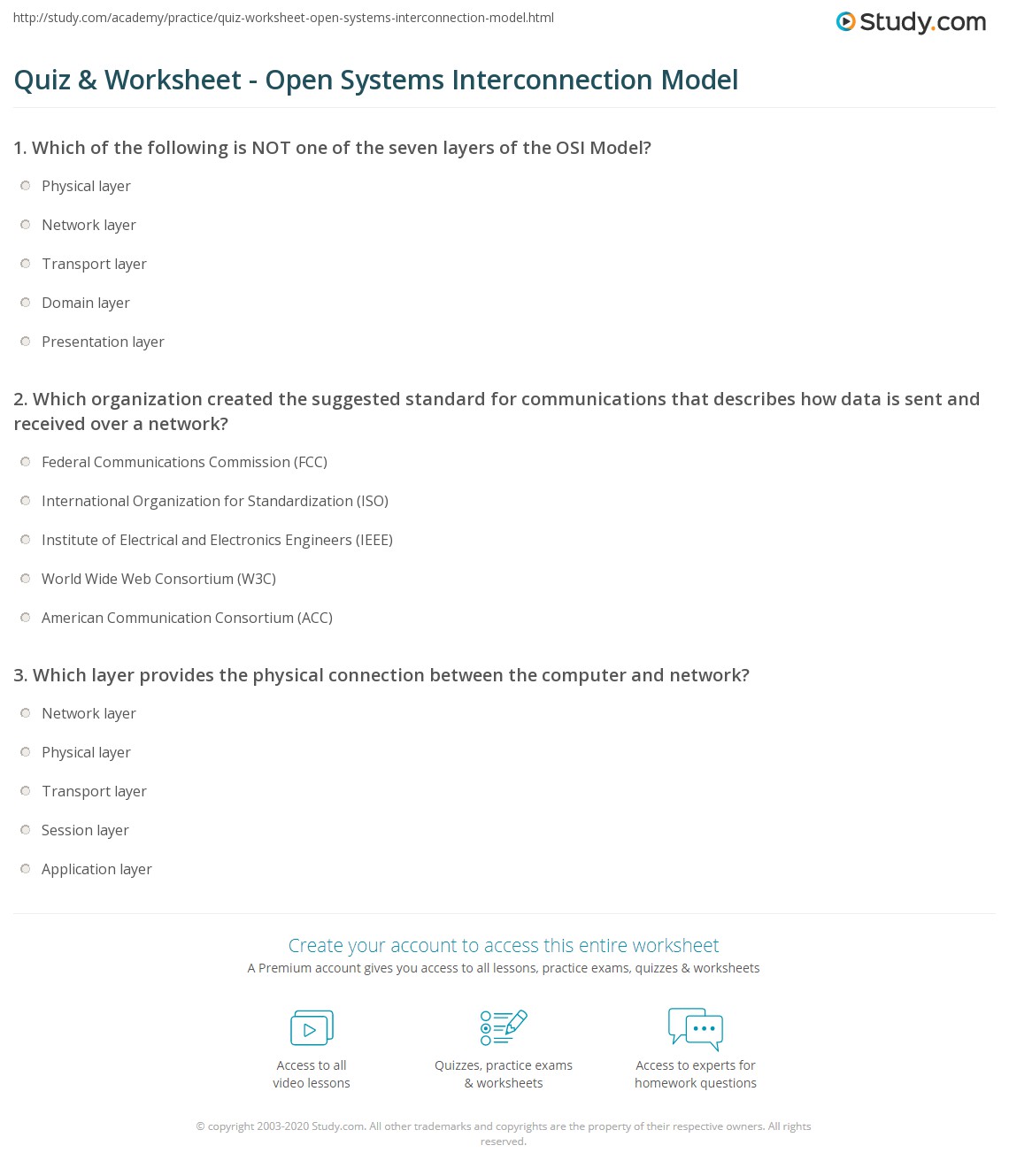 Quiz & Worksheet - Open Systems Interconnection Model | Study.com