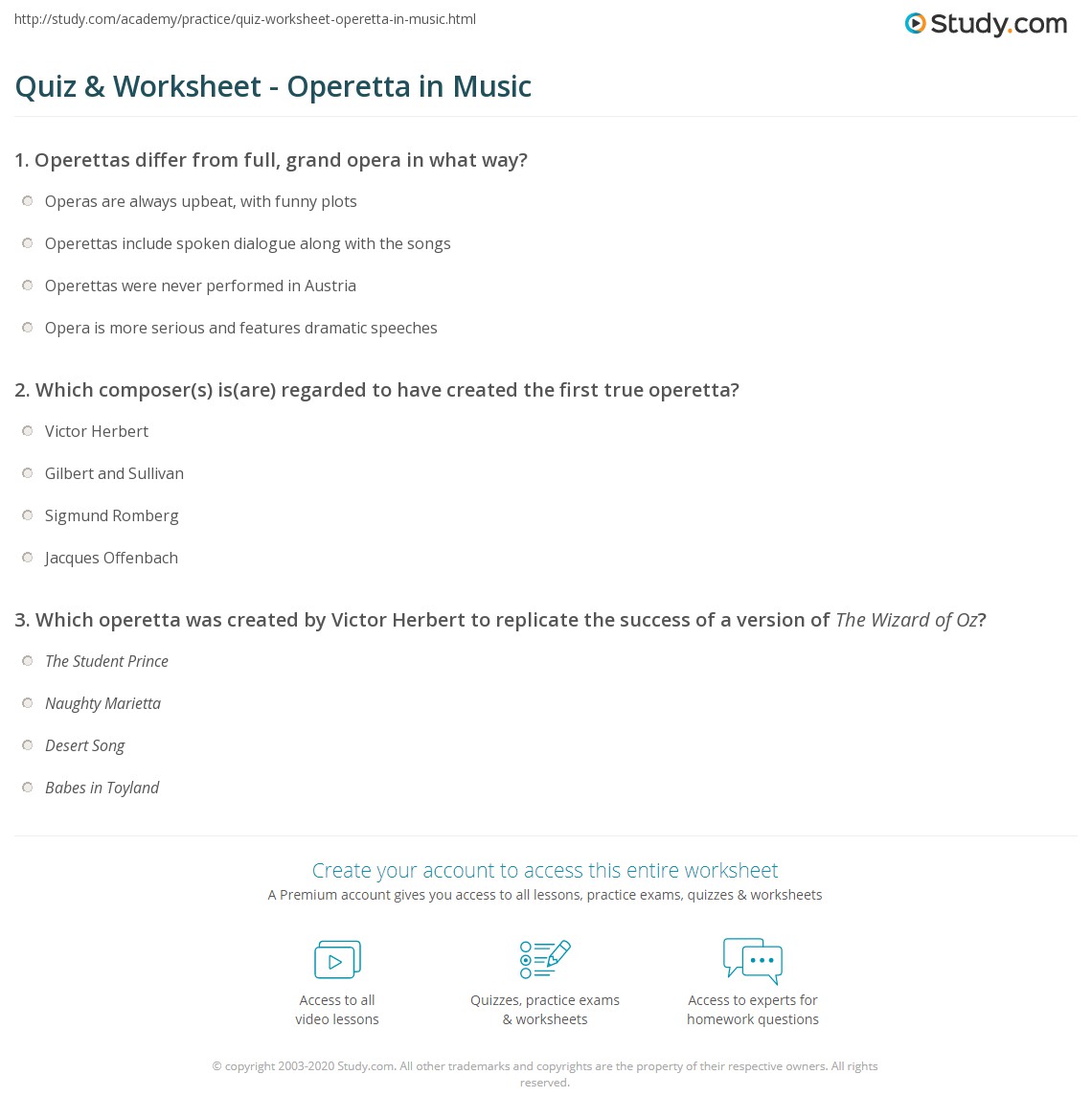 Quiz & Worksheet - Operetta in Music | Study.com