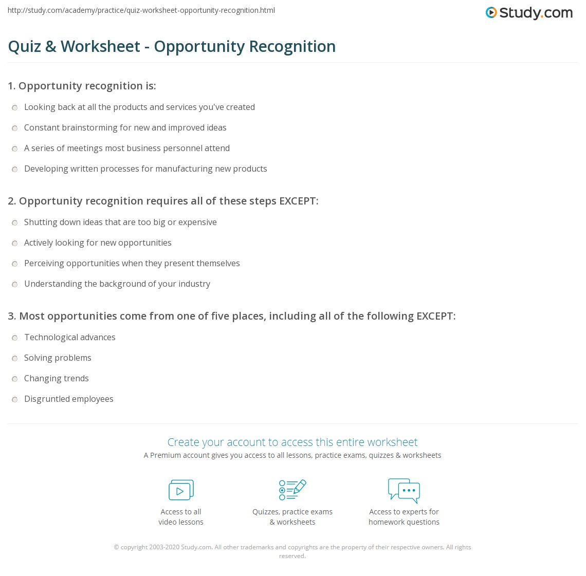 Quiz & Worksheet - Opportunity Recognition | Study.com